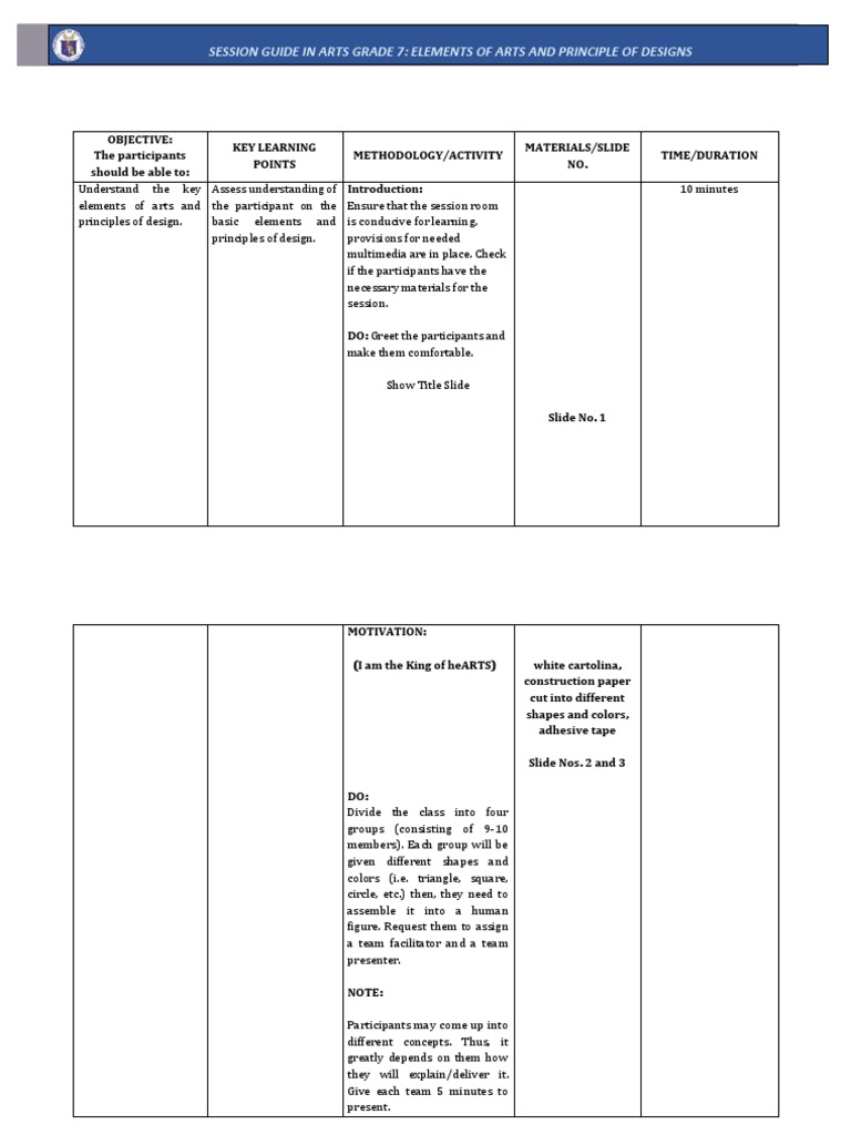 Session Guide in Arts Grade 7: Elements of Arts and Principle of ...