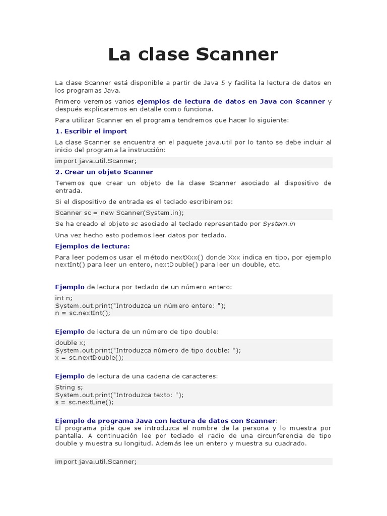 Clase Scanner | PDF | Java (lenguaje de programación) | Cadena ...