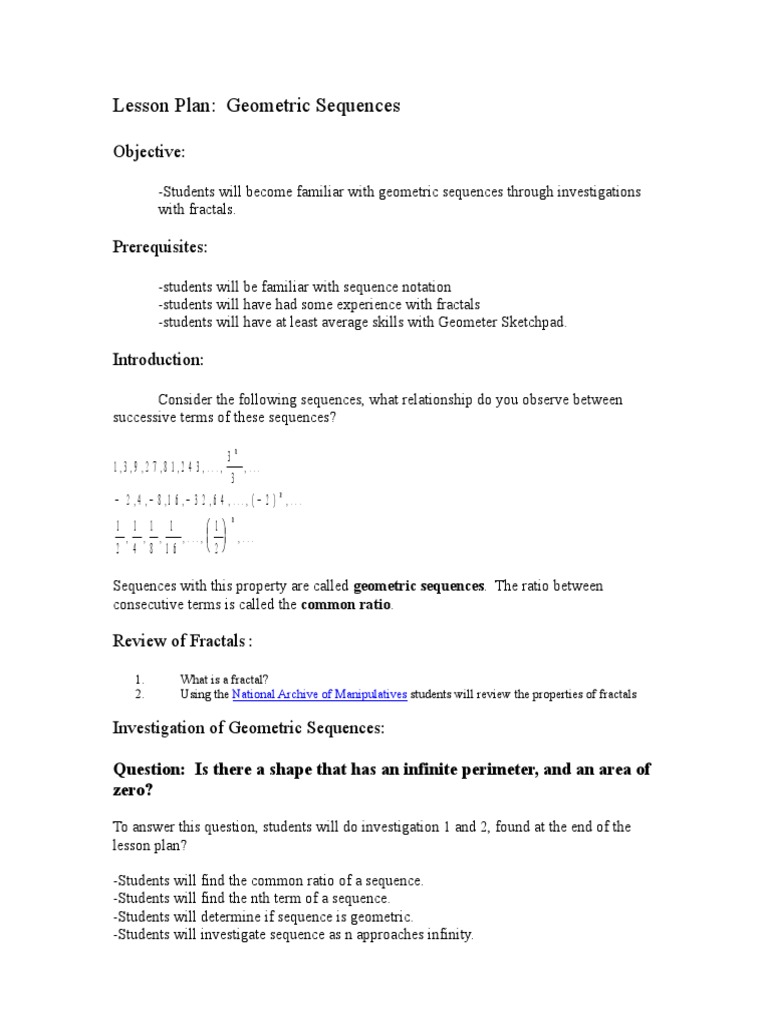 Lesson Plan: Geometric Sequences: Objective | PDF | Area | Sequence