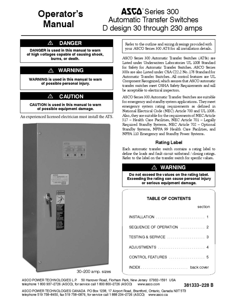 ASCO Series 300 ATS Operator's Manual | PDF | Switch | Relay
