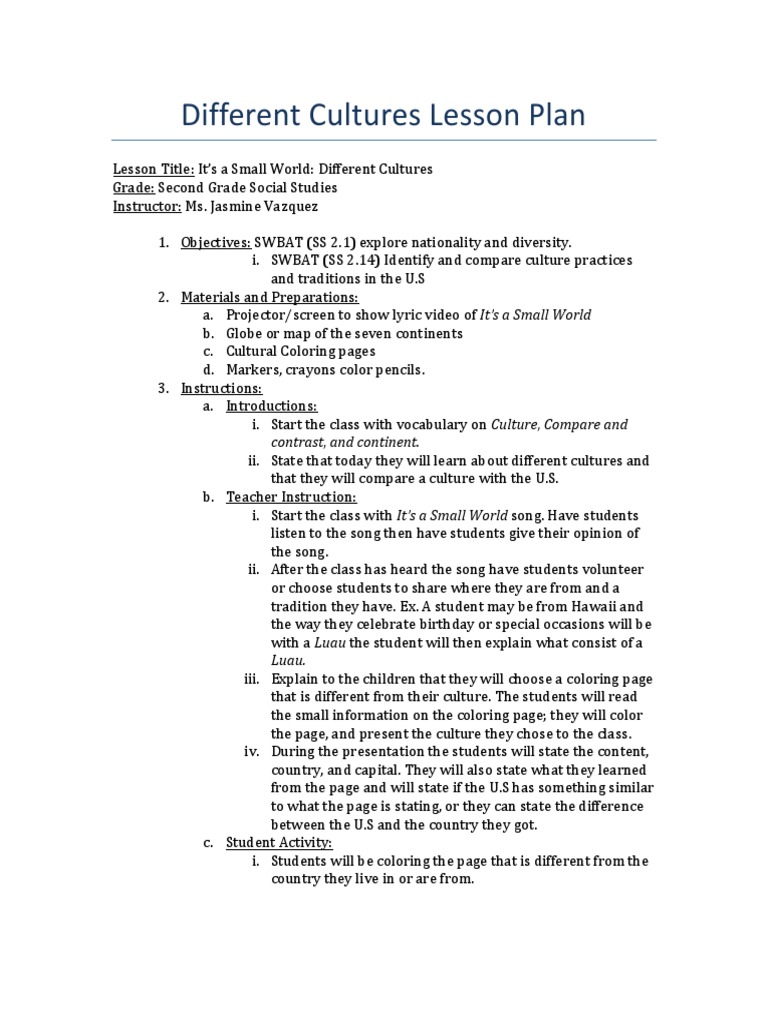 Different Cultures Lesson Plan | PDF | Lesson Plan | Behavior Modification