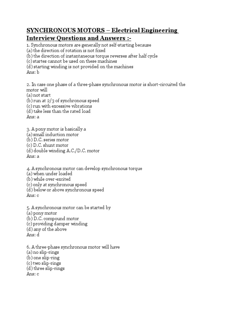 SYNCHRONOUS MOTORS - Electrical Engineering Interview Questions and ...