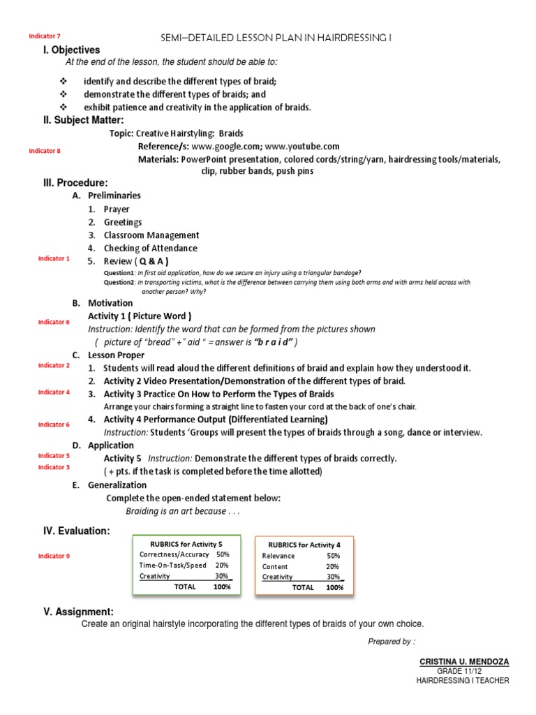COT Semi-Detailed Lesson Plan in Beauty Care (Braiding) | PDF | Lesson ...