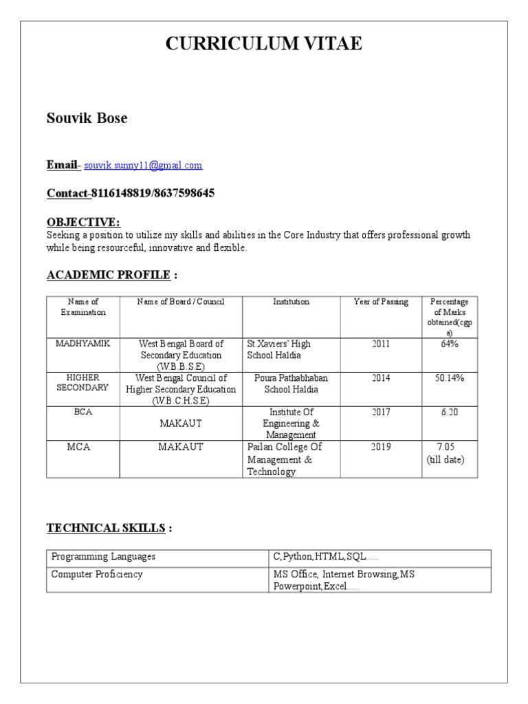 Curriculum Vitae: Souvik Bose | PDF | Cognition | Learning