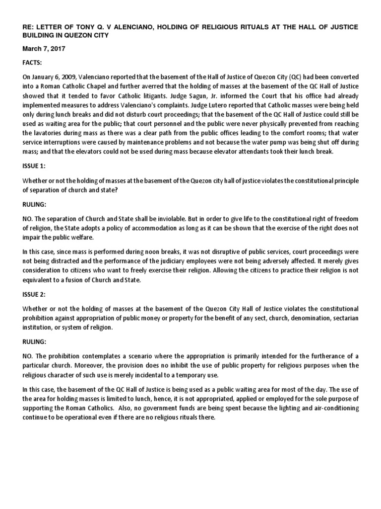 Letter of Valenciano Case Digest | PDF | Separation Of Church And State ...