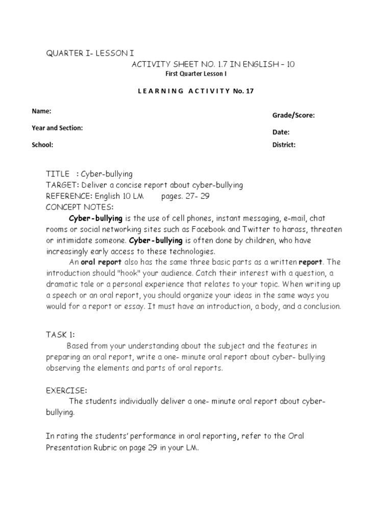 Bullying Activity Sheet | PDF | Cyberbullying | Bullying