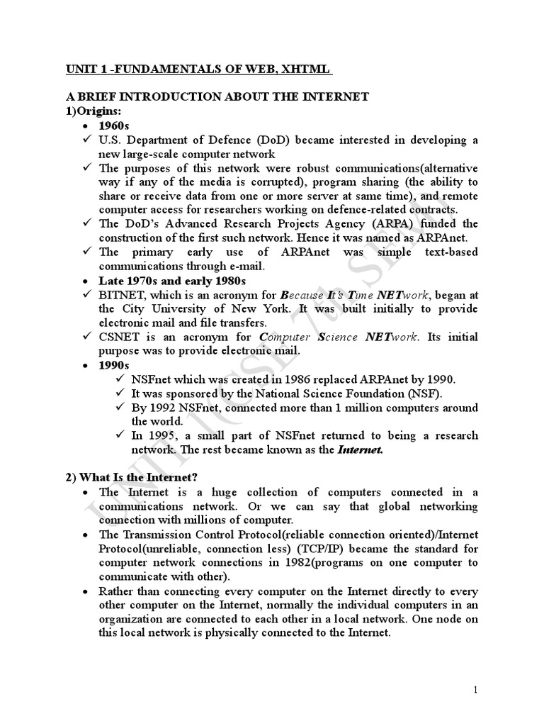 Unit 1 Fundamentals Of Web Xhtml A Brief Introduction About The Internet 1 Origins Pdf