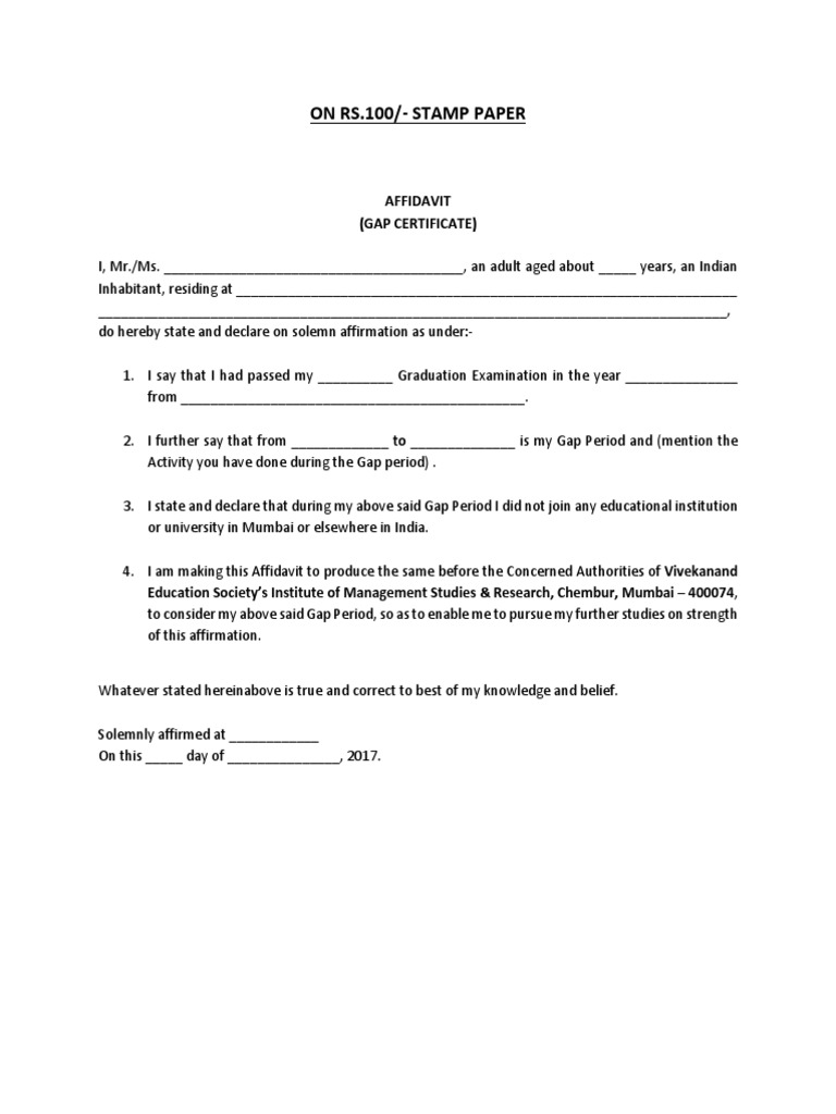 On Rs.100/-Stamp Paper: Affidavit (Gap Certificate) | PDF