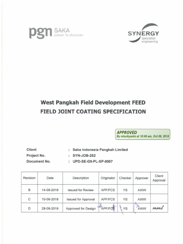 UPD SE G9 PL SP 8007 - Field Joint Coating Specification - Rev D | PDF ...