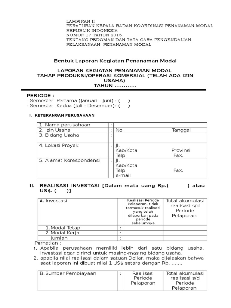 Formulir II LKPM Tahap Produksi (Operasi Komersial) | PDF