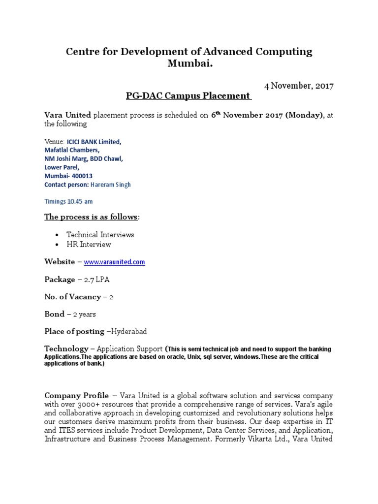 Centre For Development of Advanced Computing Mumbai.: PG-DAC Campus Placement | PDF | Software ...