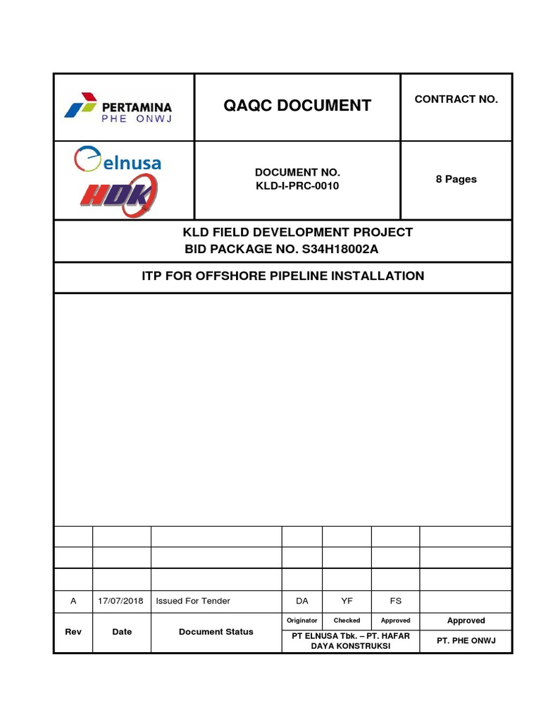 ITP For Offshore Pipeline Installation Rev A | PDF | Quality Assurance ...