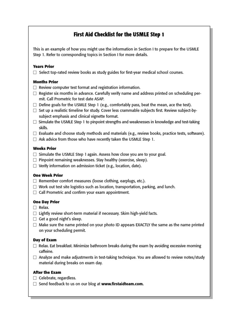 USMLE Step 1 preparation checklist | PDF | United States Medical ...
