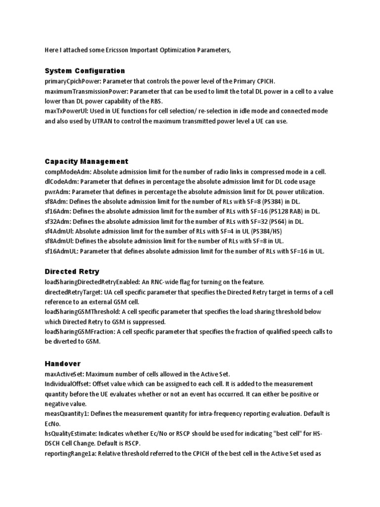 Ericsson Important Optimization Parameters | PDF | High Speed Packet ...
