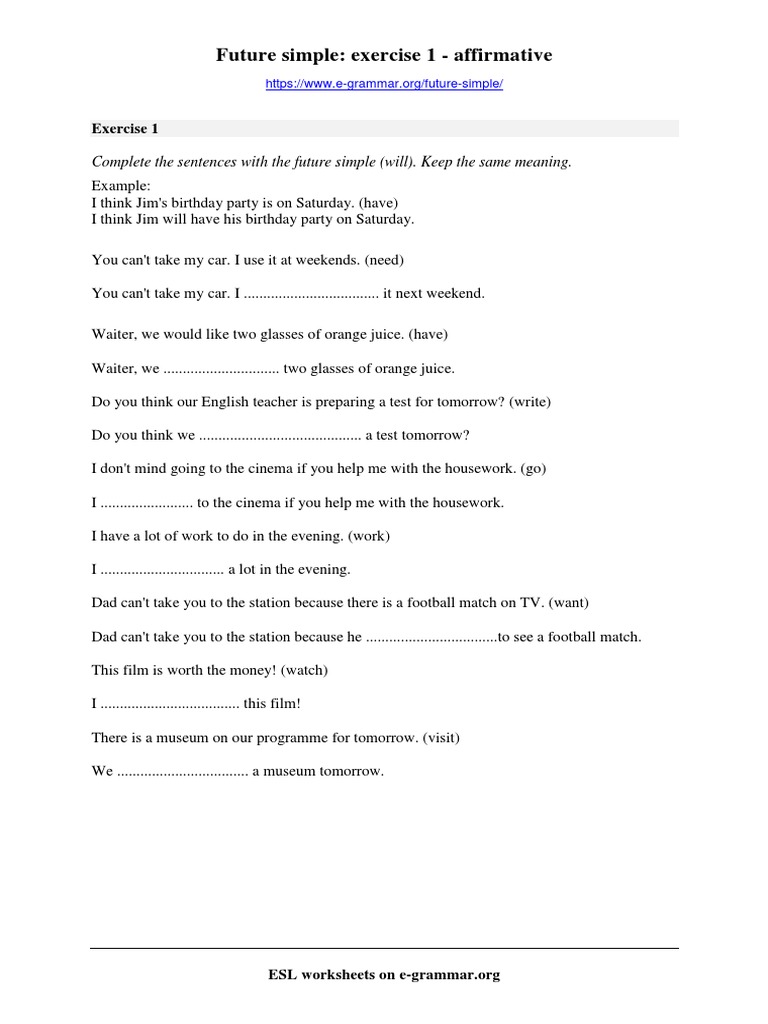Future Simple Exercise 1 PDF | PDF