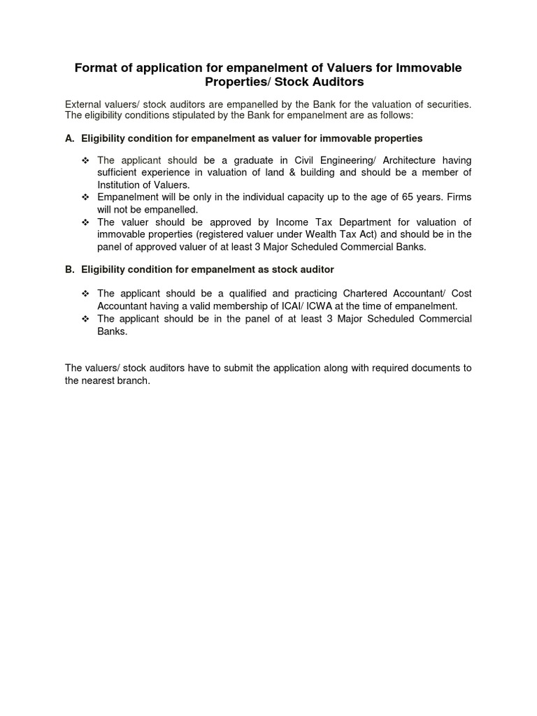 Format of Application For Empanelment of Valuers For Immovable ...