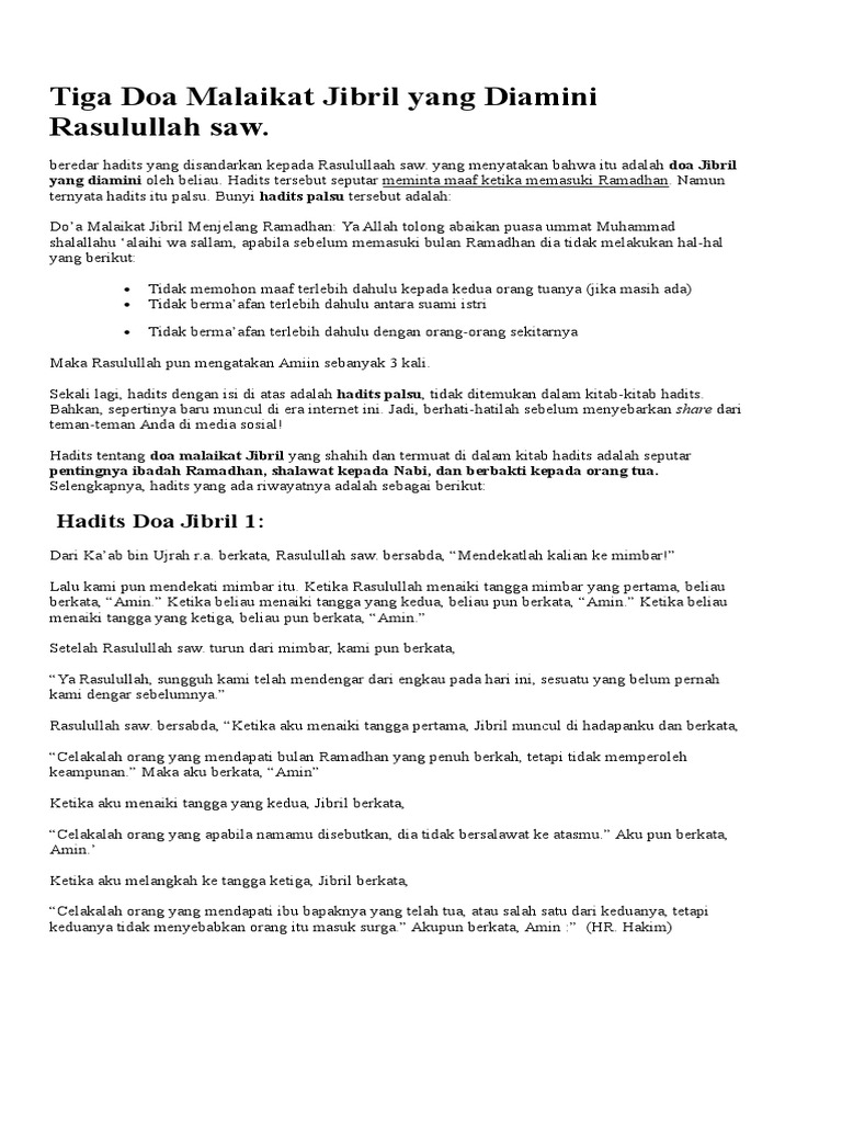 Doa Jibril Menjelang Ramadhan: Fakta dan Palsu | PDF