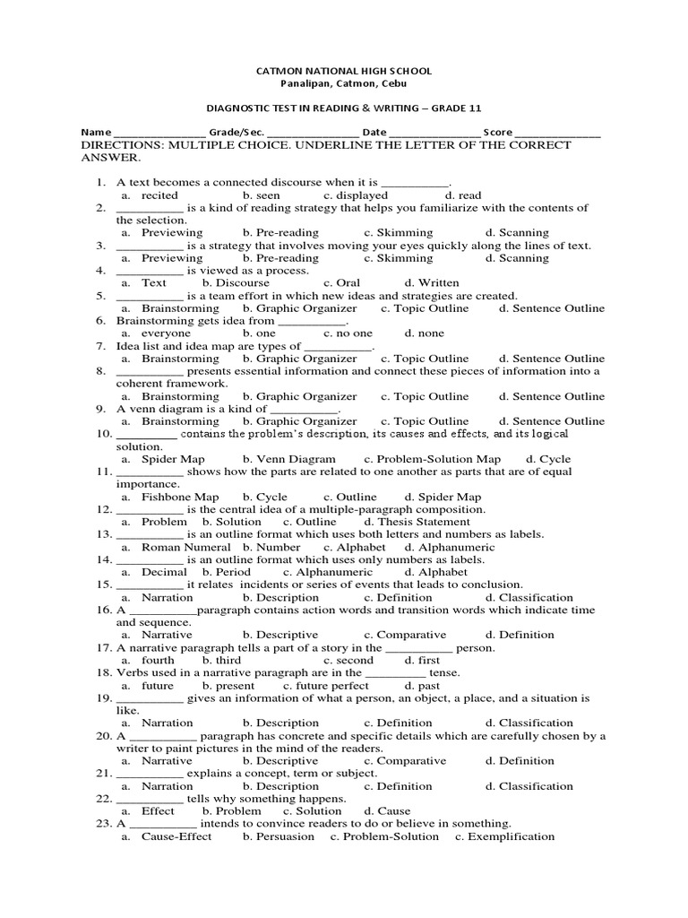 Grade 11 Reading & Writing Diagnostic Test | PDF | Speed Reading ...