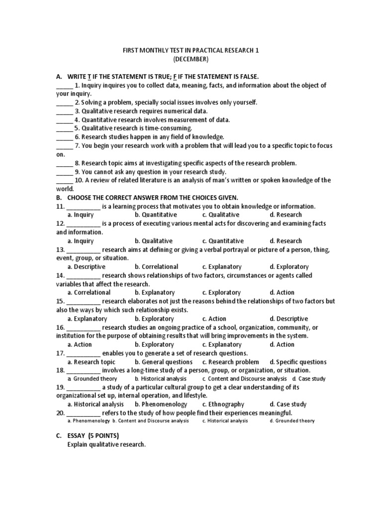 First Monthly Test (Practical Research 1) | PDF | Qualitative Research ...