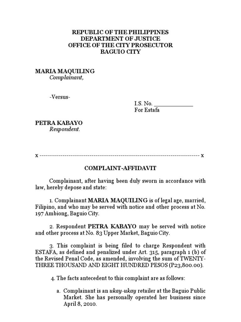 Estafa Complaint-Affidavit Sample | PDF | Common Law | Social Institutions