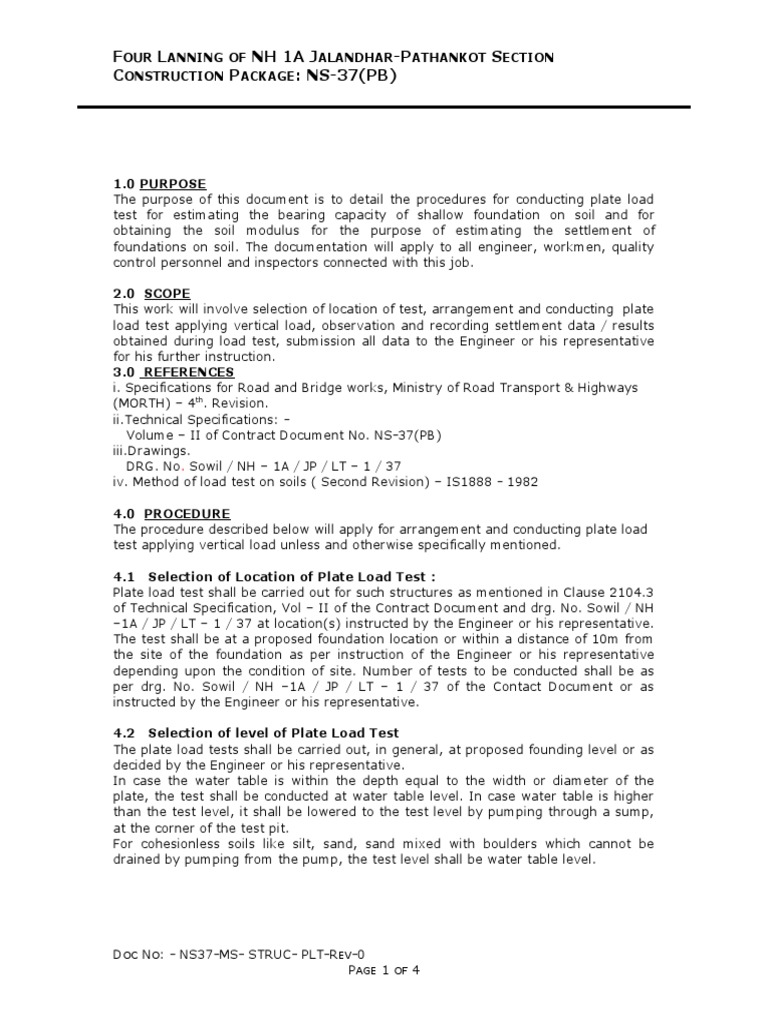 Method Statement For Plate Load Test (Final) - Ns37 | PDF | Beam ...