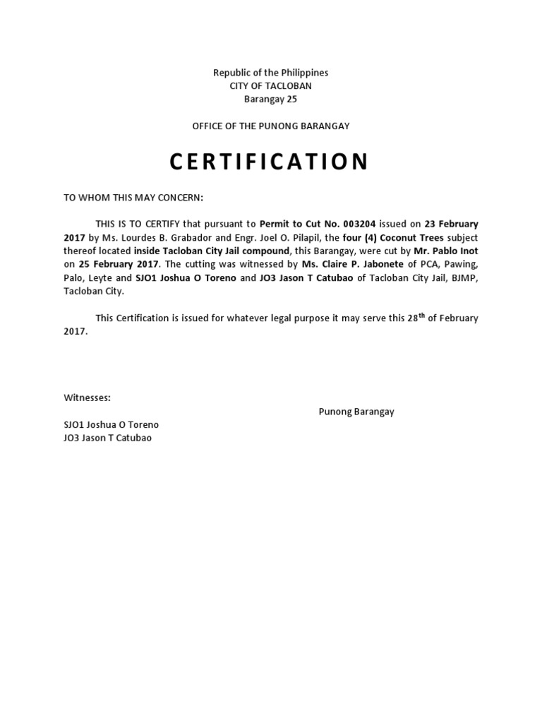 Certification of Tree Cutting Permit | PDF