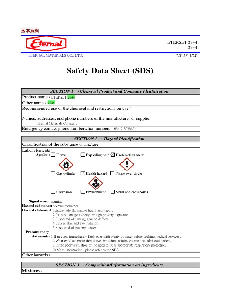 Safety Data Sheet (SDS) : Section 1 Chemical Product and Company ...