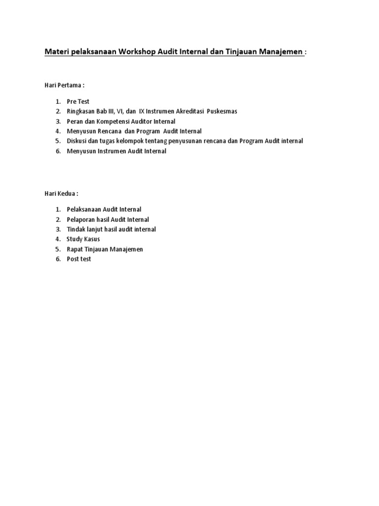 Susunan Materi Workshop Audit Internal Dan RTM | PDF