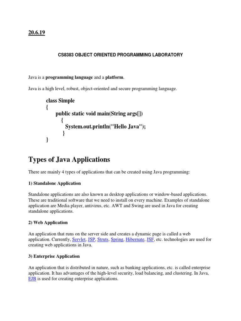 Types of Java Applications: Cs8383 Object Oriented Programming Laboratory | PDF | Java Virtual ...