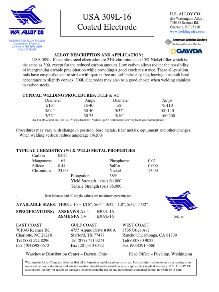 USA 309L-16 Coated Electrode: Alloy Description and Application | PDF ...