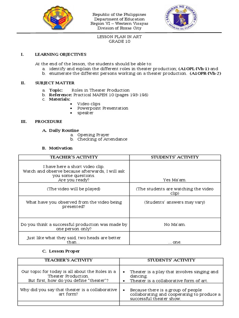 Theater Production Roles Explained | PDF | Theatre | Lesson Plan