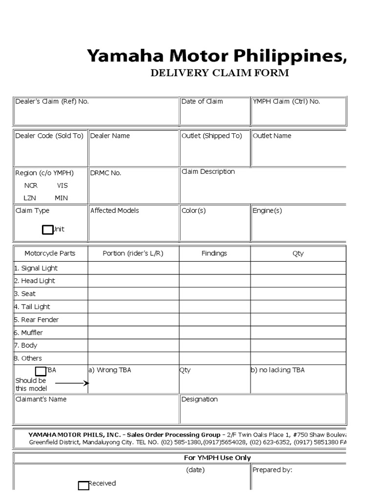 Yamaha Delivery Claim Form | PDF | Automotive Industry | Private Transport