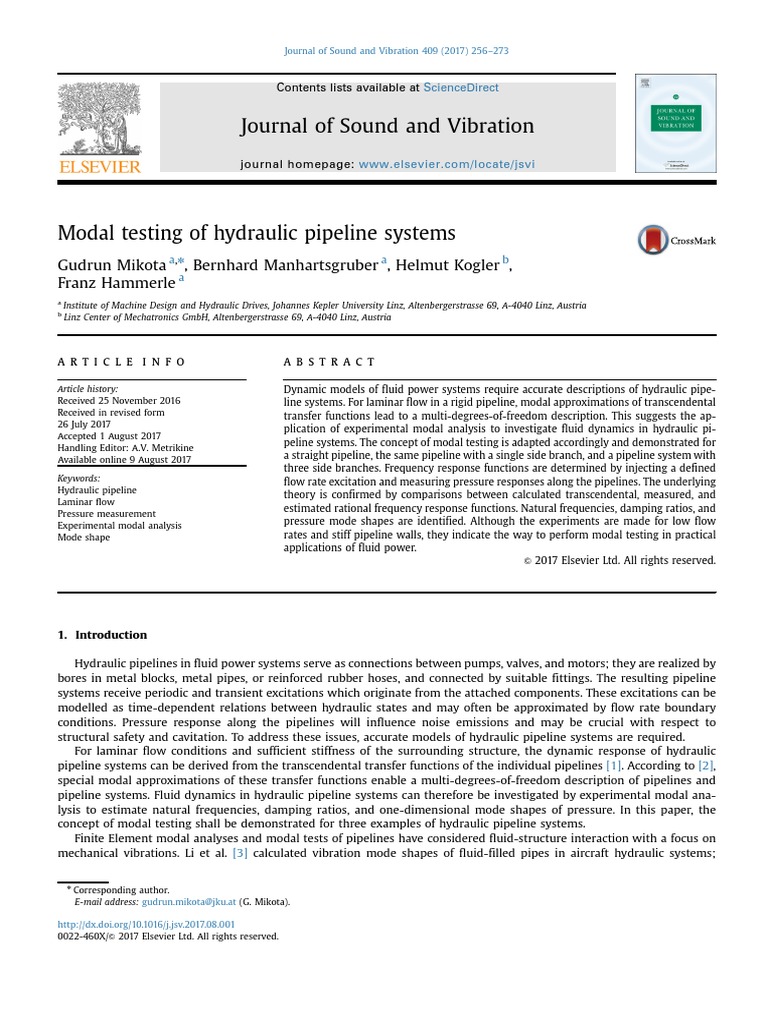 2017 Modal Testing of Hydraulic Pipeline Systems | PDF | Normal Mode ...