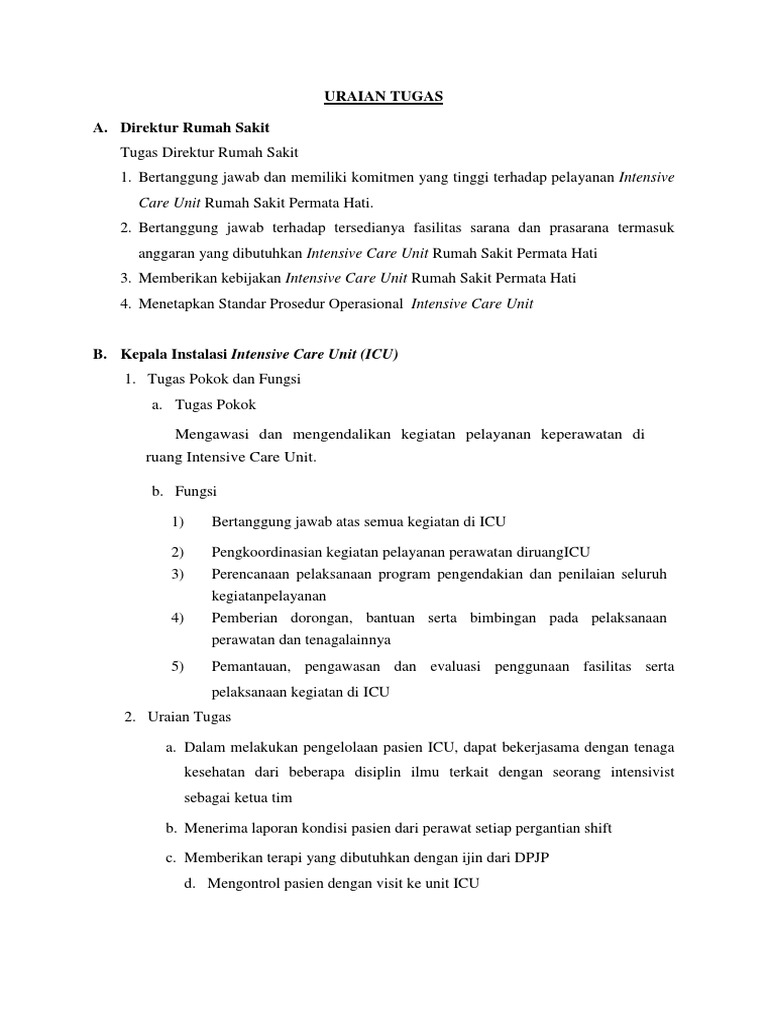 URAIAN TUGAS Kepala Ruangan Intensive Care Unit | PDF | Sains & Matematika