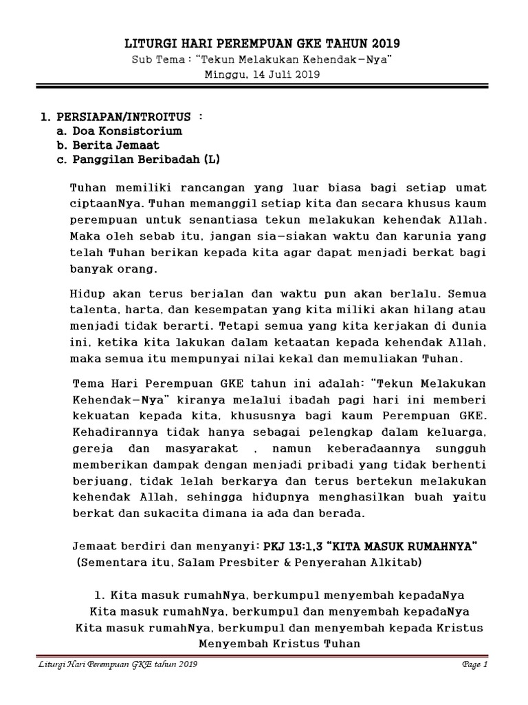 Liturgi Hari Perempuan Gke 2019 | PDF