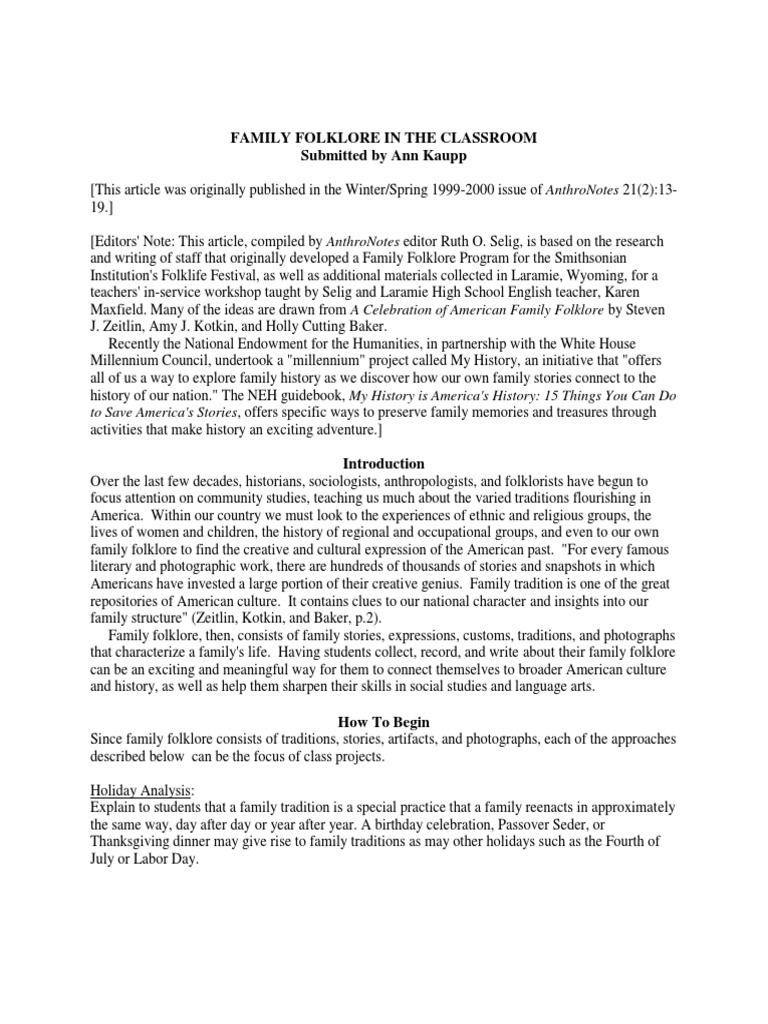 Family Folklore in The Classroom Submitted by Ann Kaupp | PDF ...