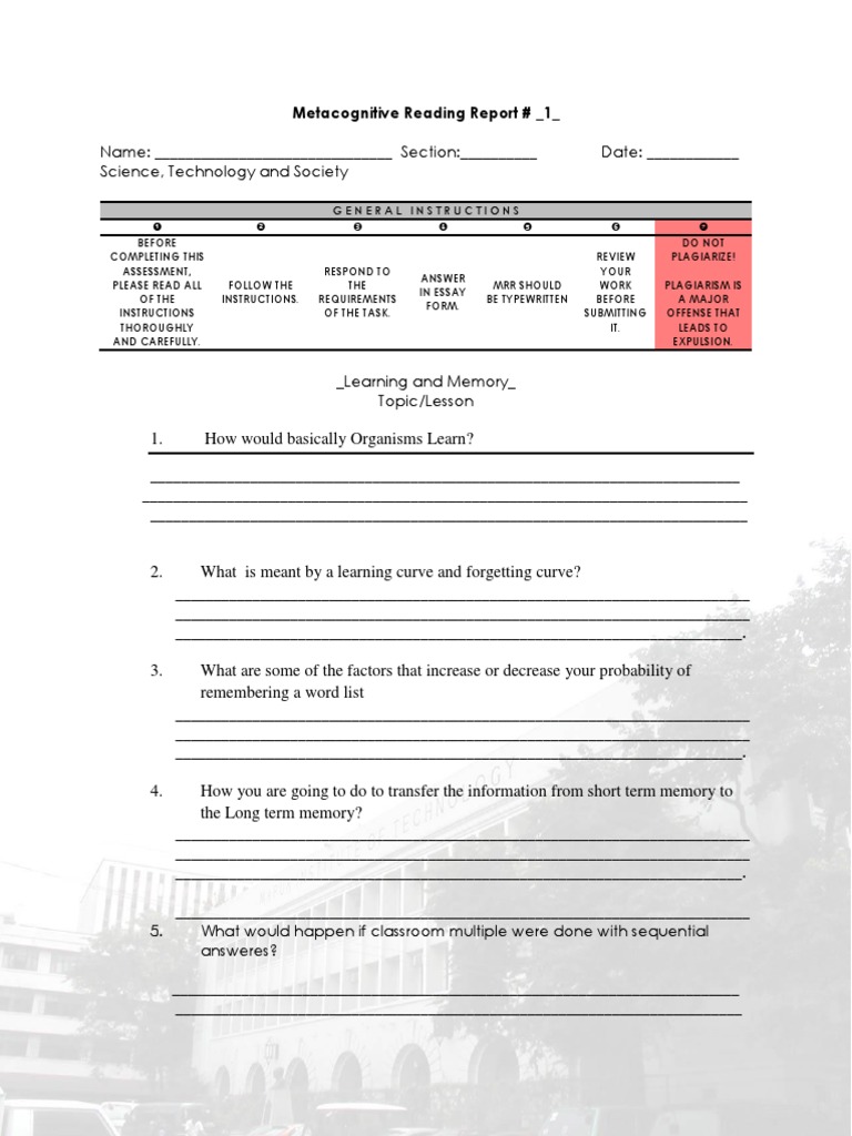 Metacognitive Reading Report # - 1 - : General Instructions | PDF ...