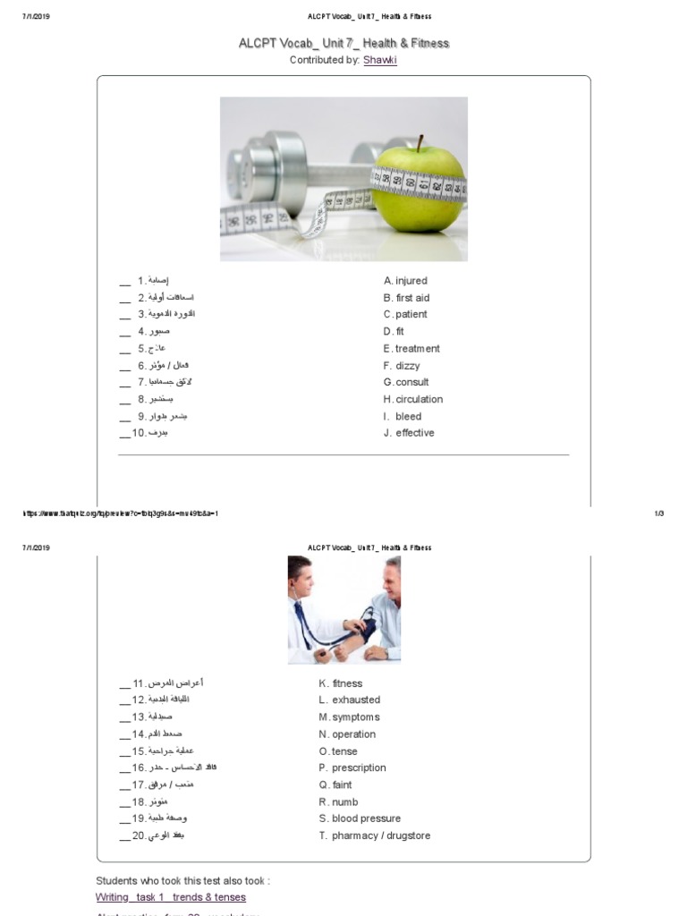 ALCPT Unit 7 Vocabulary: Health & Fitness | PDF | Pharmacy | Medicine