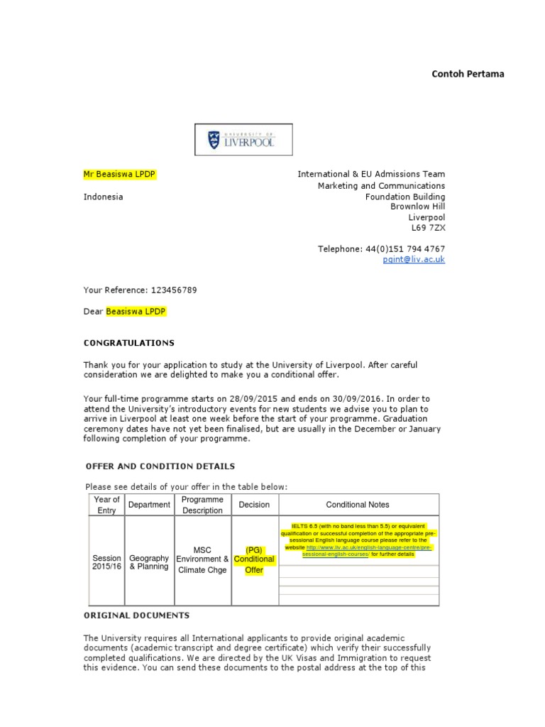 Contoh LOA | PDF | Postgraduate Education | Travel Visa