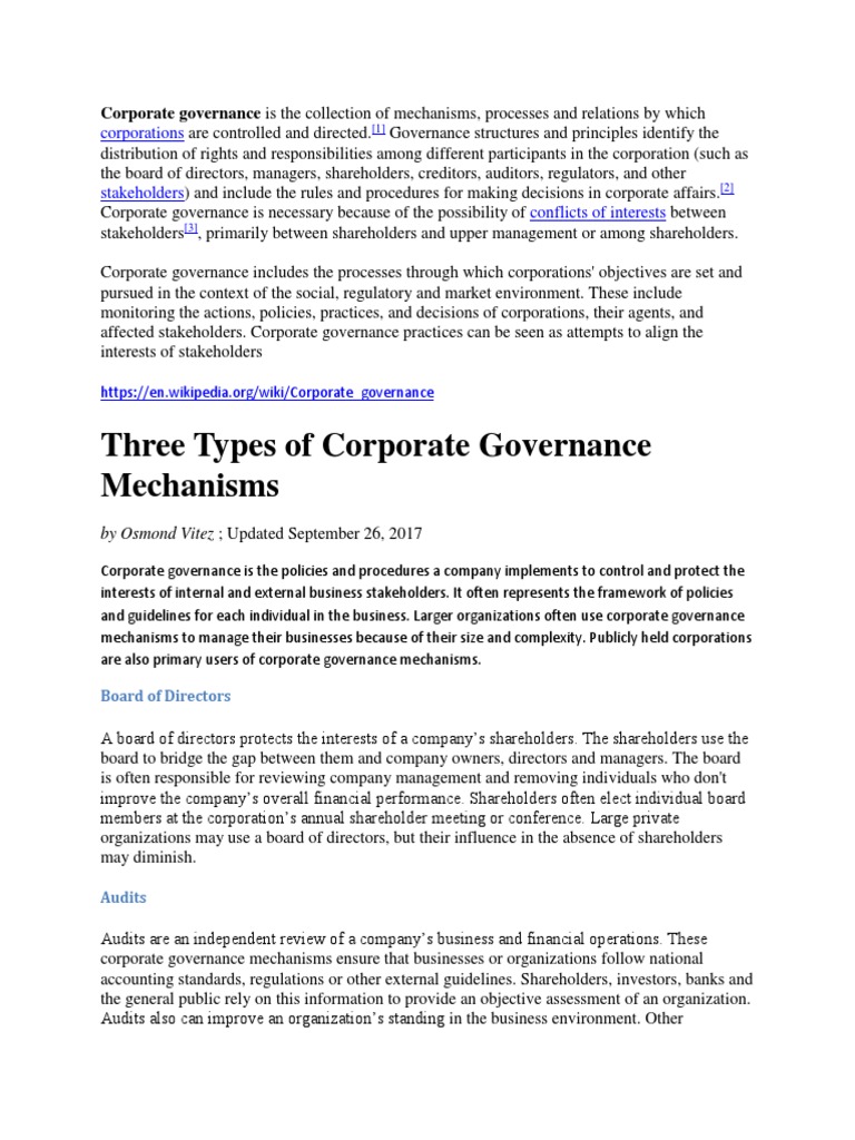 Corporate Governance Is The Collection of Mechanisms | PDF | Corporate ...