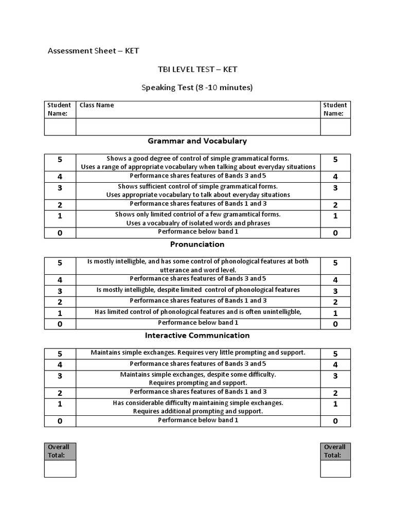 KET Speaking Assessment Sheet | PDF | Vocabulary | Grammar