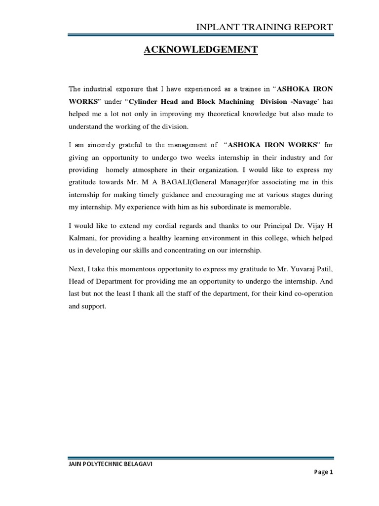 Acknowledgement: Inplant Training Report | PDF | Electric Motor ...