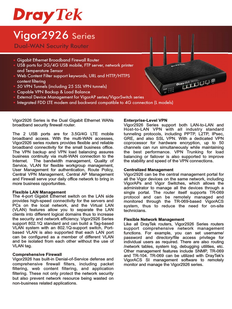 Vigor2926 Datasheet 170725 | PDF | Virtual Private Network | Computer Network