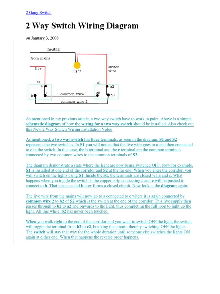 A Simple Schematic Diagram and Explanation of 2 Gang Switch Wiring | PDF