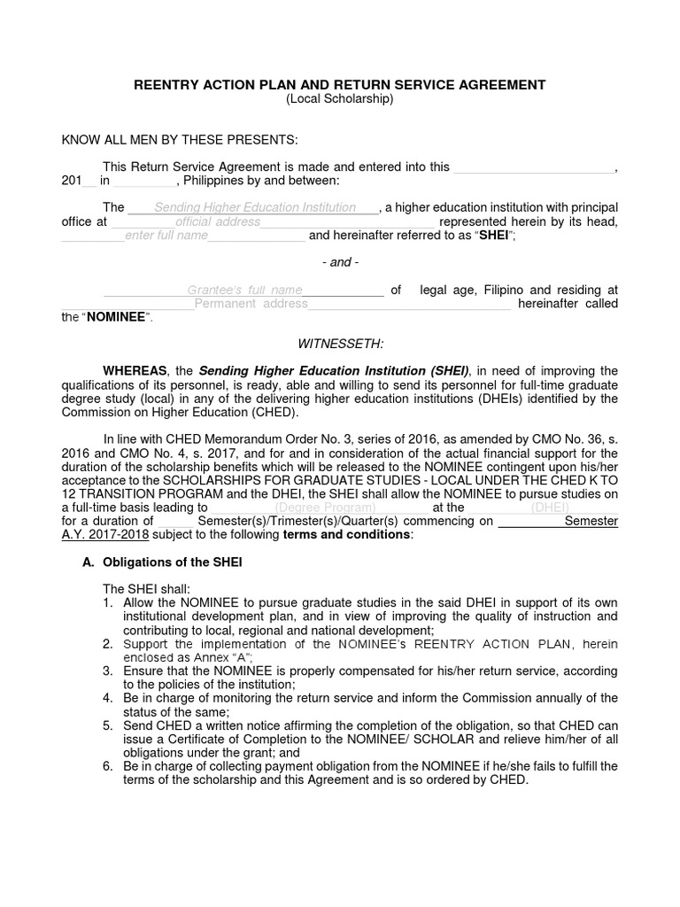 Template - SGS-L - Reentry Action Plan and Return Service Agreement | PDF | Academic Degree | Thesis