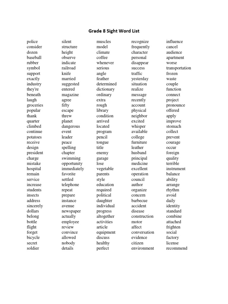Sight Word List Grade 8 PDF | PDF