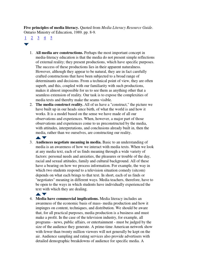 Five Principles of Media Literacy. Quoted From Media Literacy Resource ...