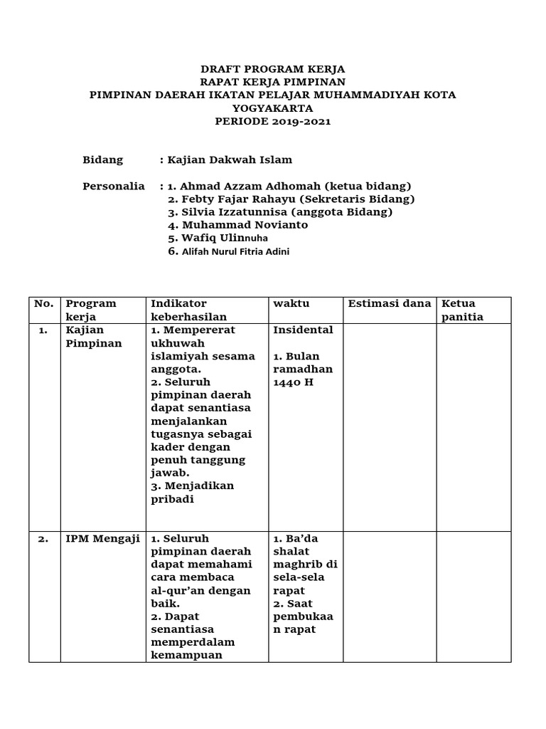 Draft Program Kerja Kdi 1 | PDF