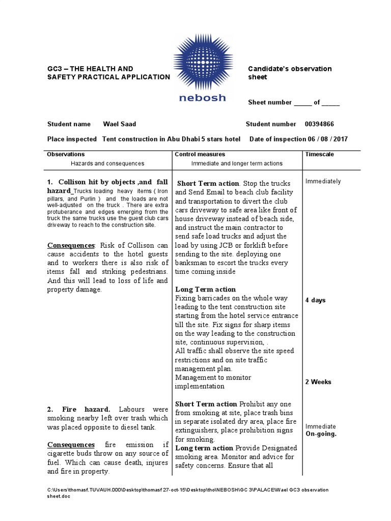 Health and Safety Observation Report | PDF | Personal Protective ...