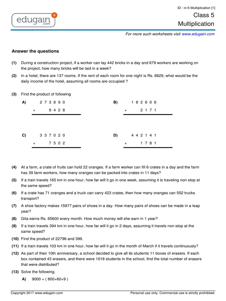 Grade 5 Multiplication in | PDF | Multiplication | Arithmetic